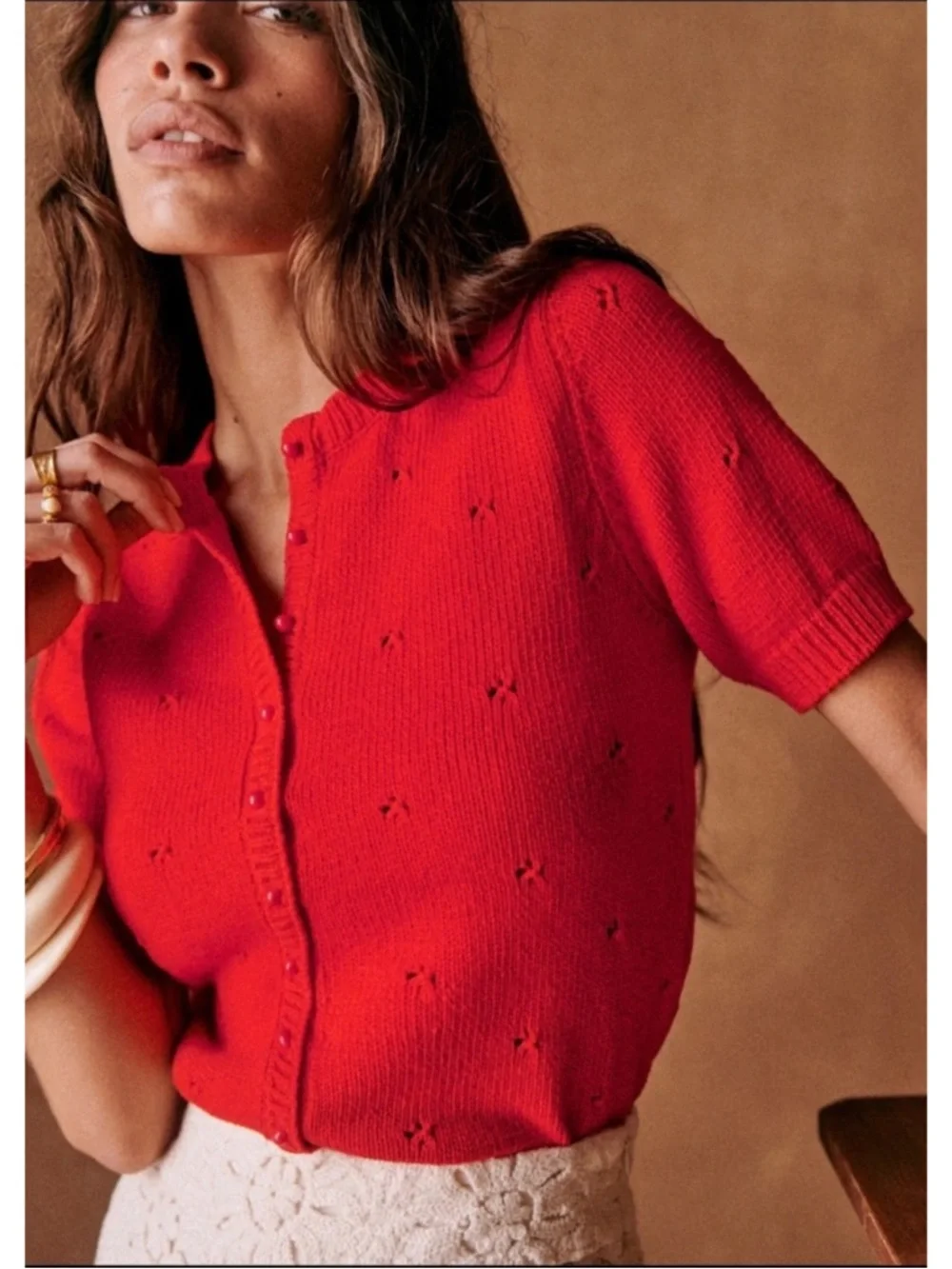 Sezane | Sweaters | Sezane Bright Tomato Red Textured Cotton Knit Short ...